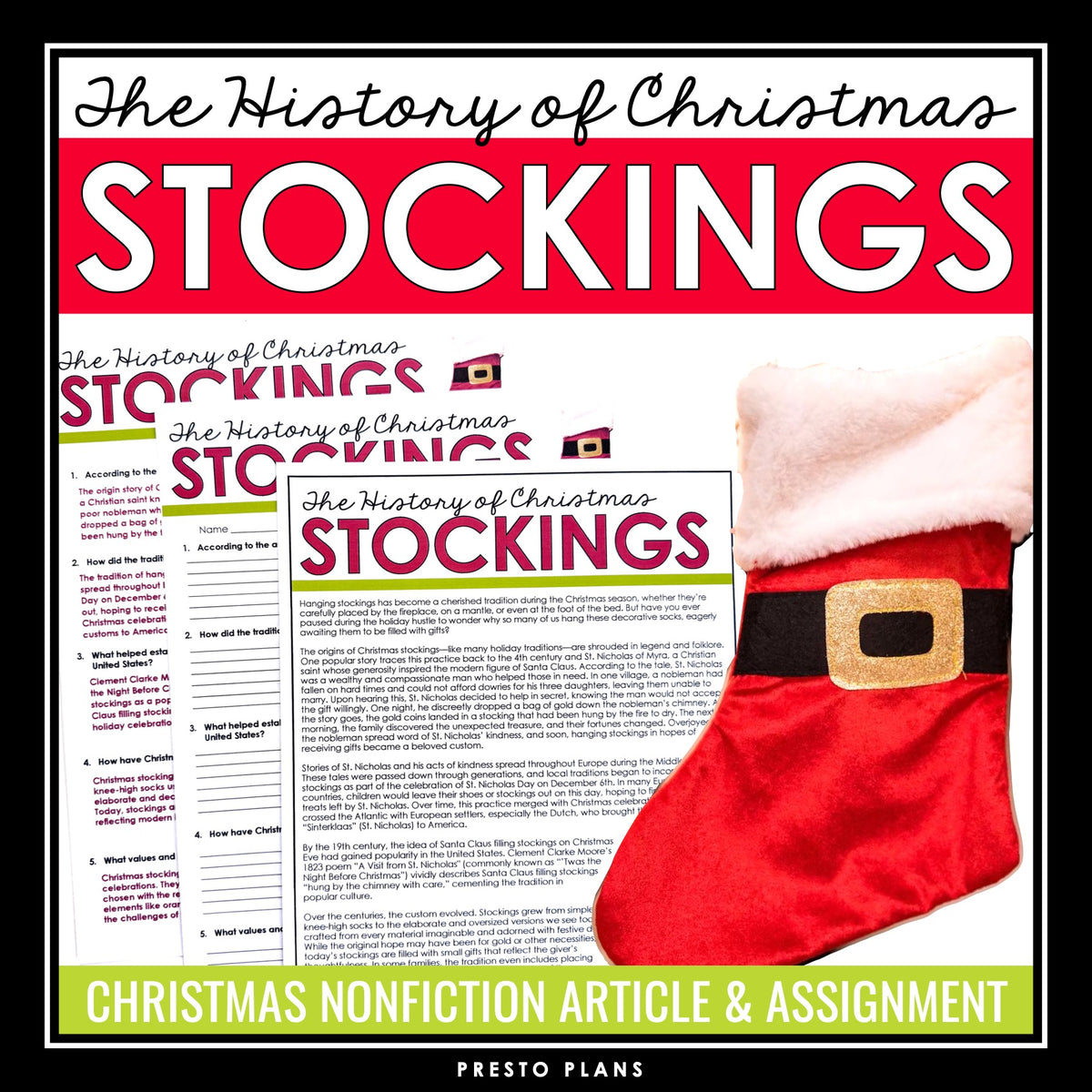 Christmas Reading Comprehension - History of Stockings Article & Assig ...