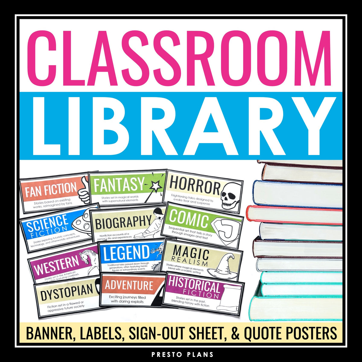 Classroom Library Labels for Novel Genres, Posters, and Book Sign-Out ...