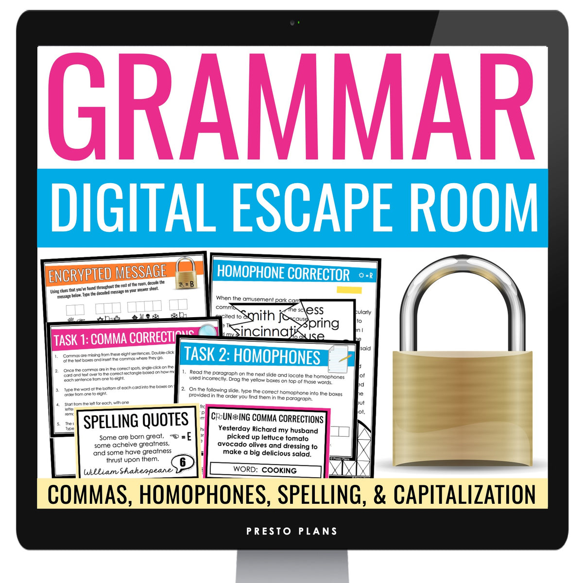 Grammar Digital Escape Room - Commas, Spelling, Homophones, Capitaliza ...