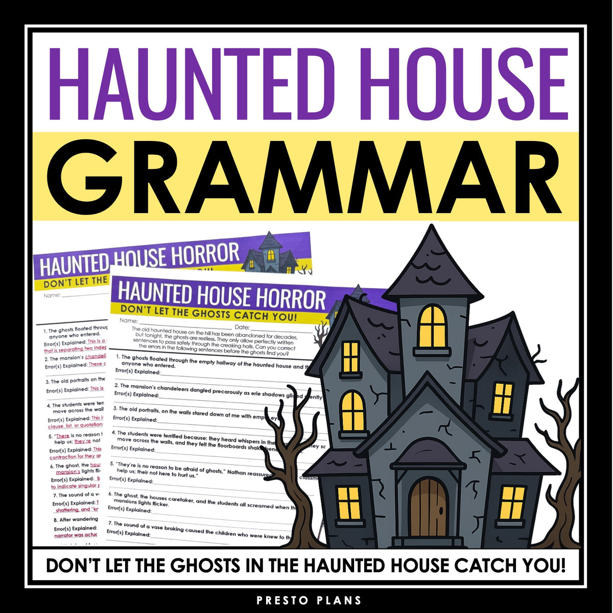 Halloween Grammar Worksheet Assignment - Grammar Activity - Haunted Ho ...