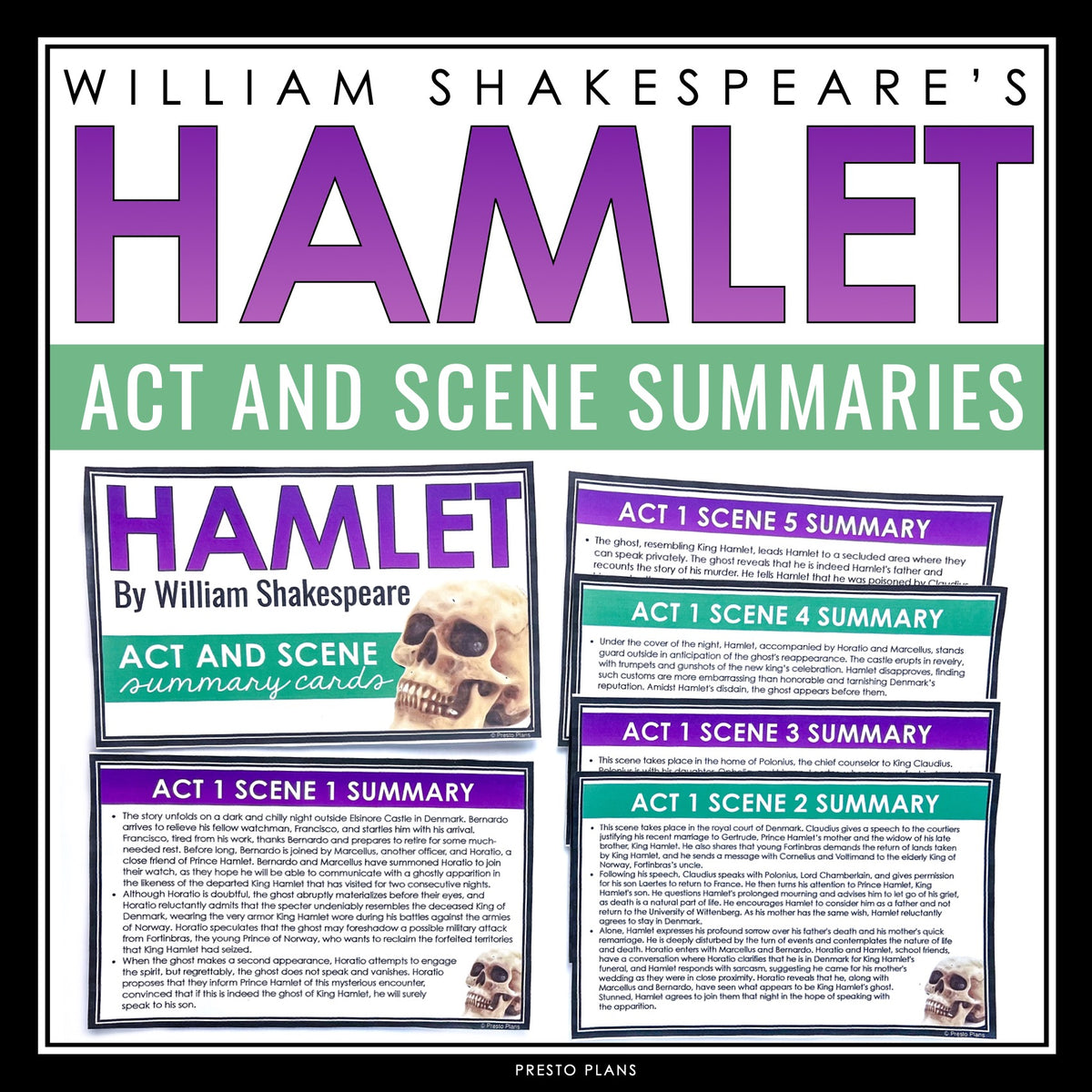 Hamlet Summary Act And Scene Cards Plot Summaries For Shakespeares Presto Plans 