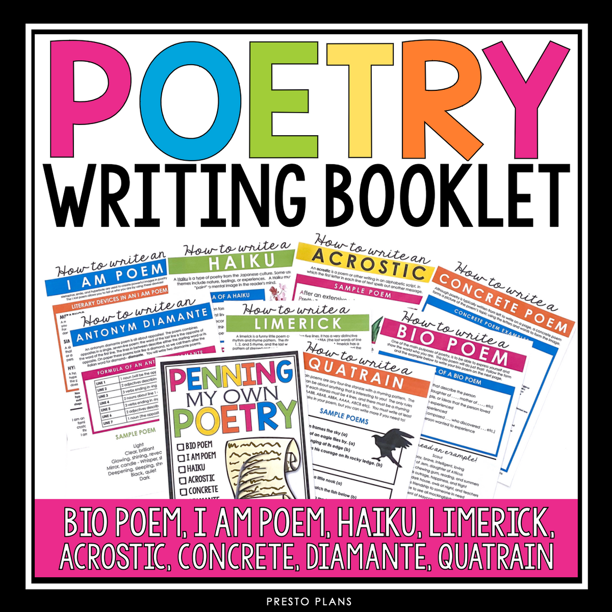 Poetry Writing Unit Booklet - Haiku, Acrostic, Limerick, Concrete, & M ...