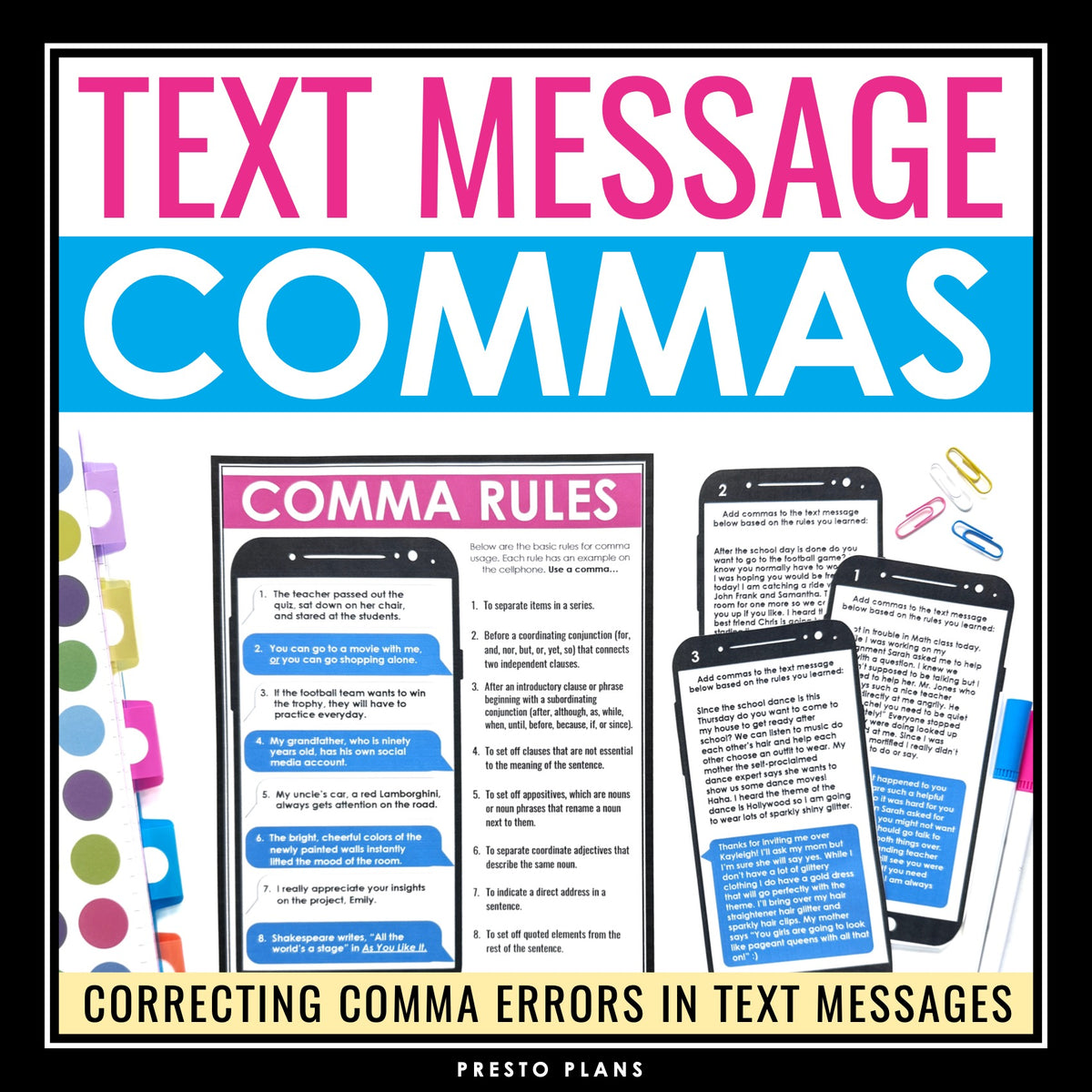 Comma Task Cards Activity and Poster - Correcting Comma Errors in Text ...