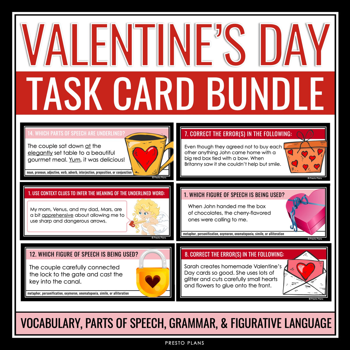 Valentine's Day Task Cards Grammar, Parts of Speech, Vocab, Figurative ...