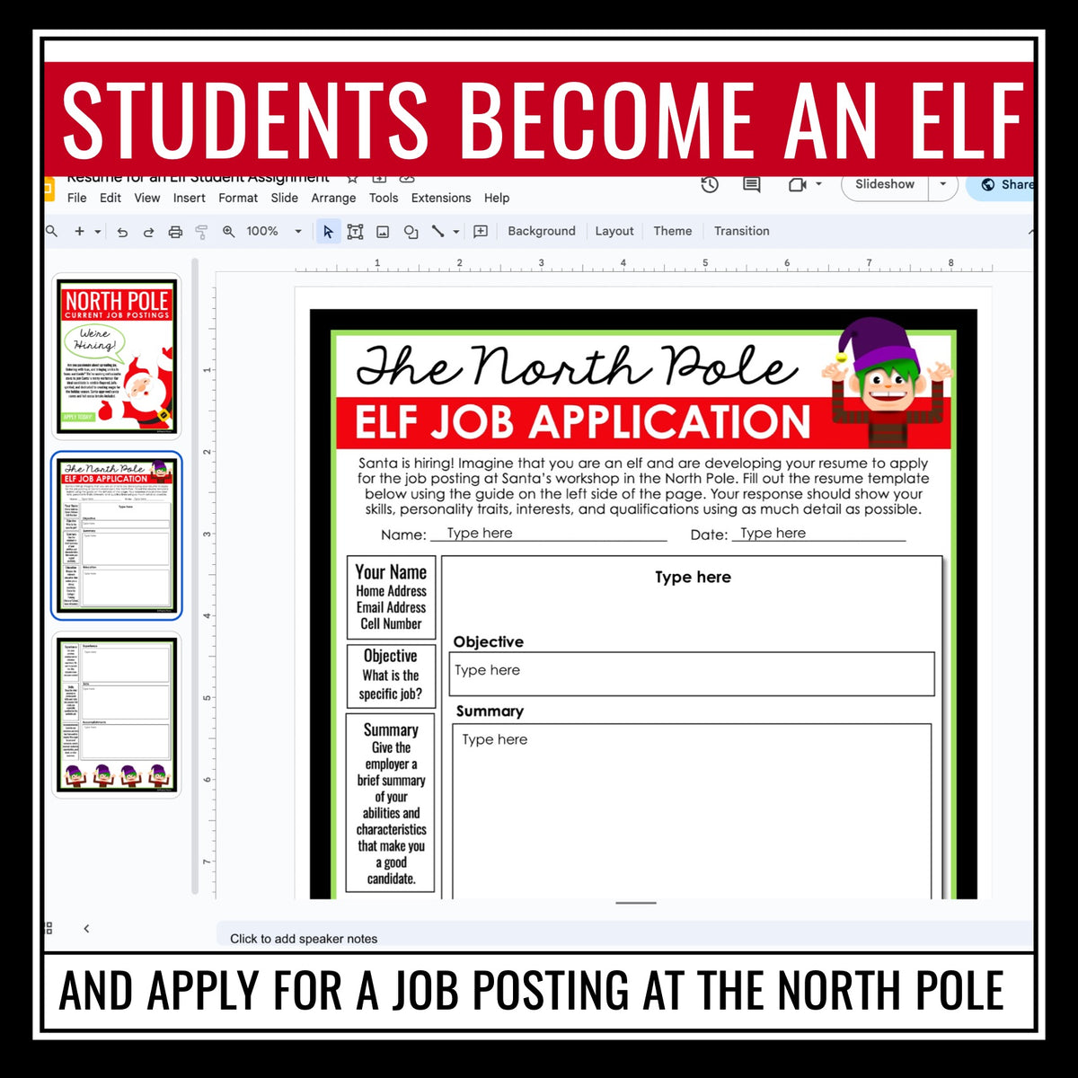 Christmas Writing Assignment - Elf Resume Creative Digital Holiday Act ...