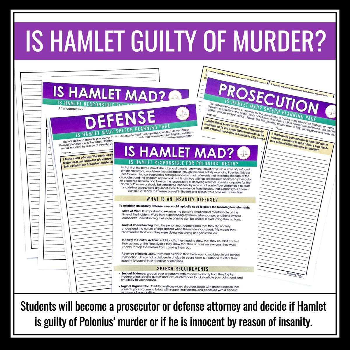 Hamlet Trial Activity - Is Hamlet Mad? Prosecution and Defense Speeche ...