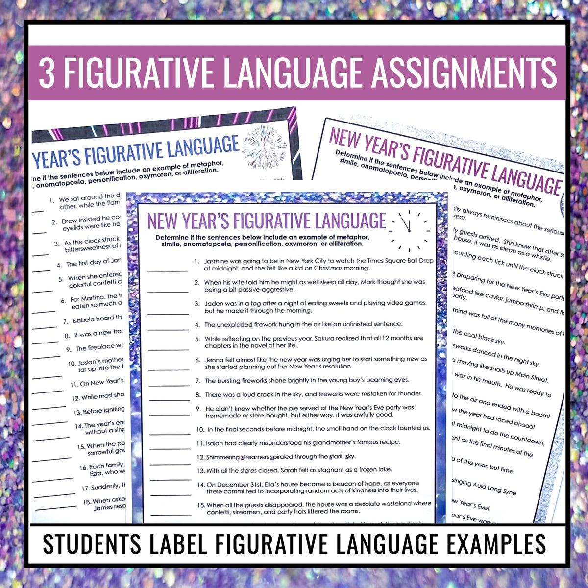 New Year's Figurative Language Assignments - Literary Devices Holiday ...