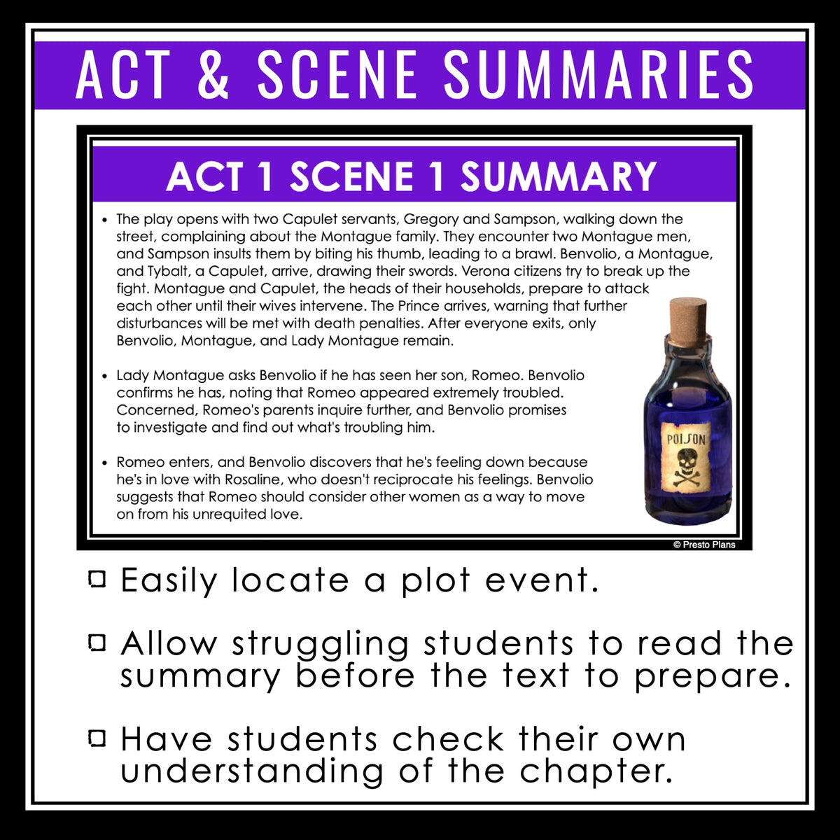 Romeo and Juliet Summary Act and Scene Cards for Shakespeare's Play ...
