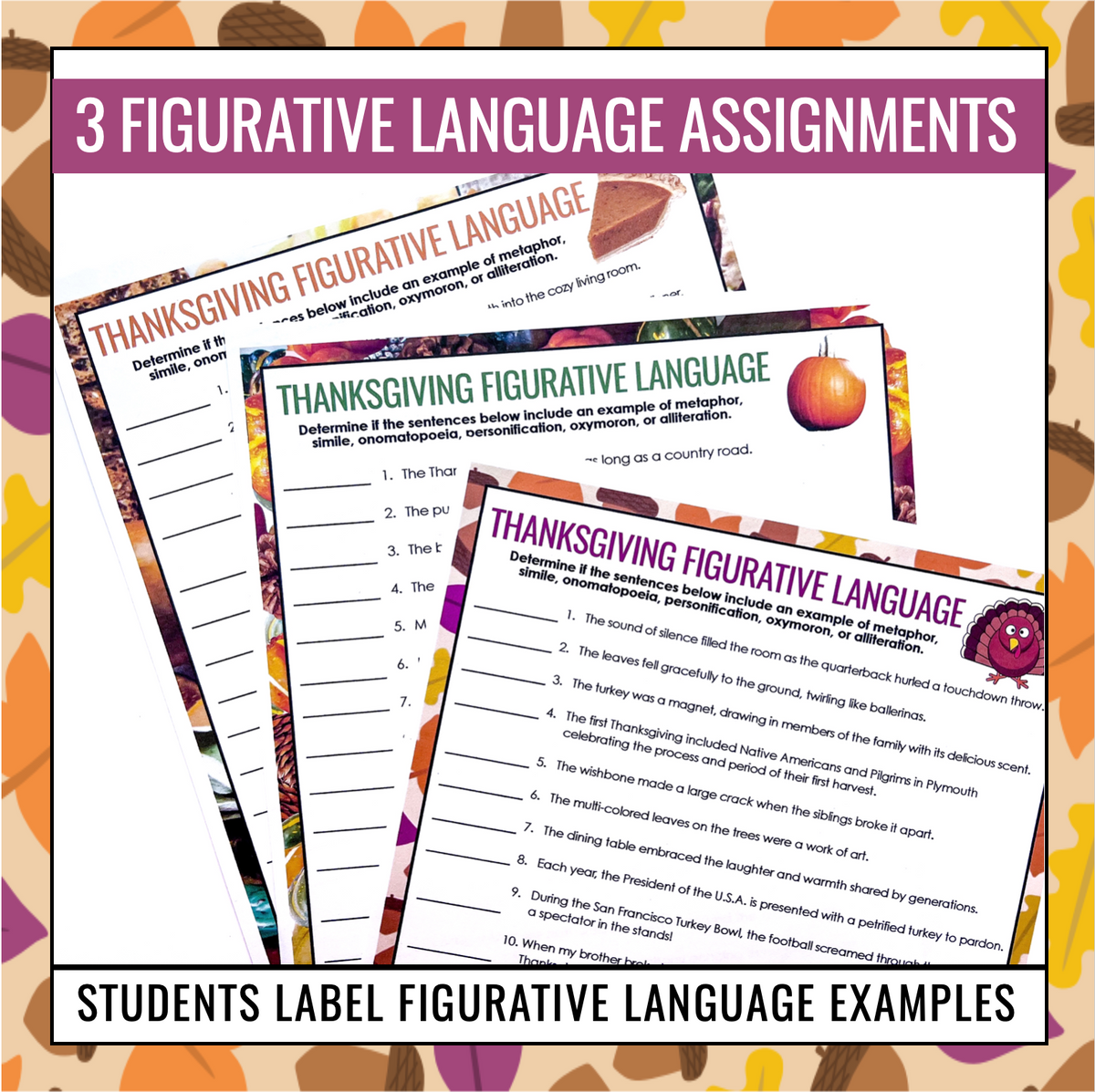 Thanksgiving Figurative Language Assignments - Literary Devices Activi ...