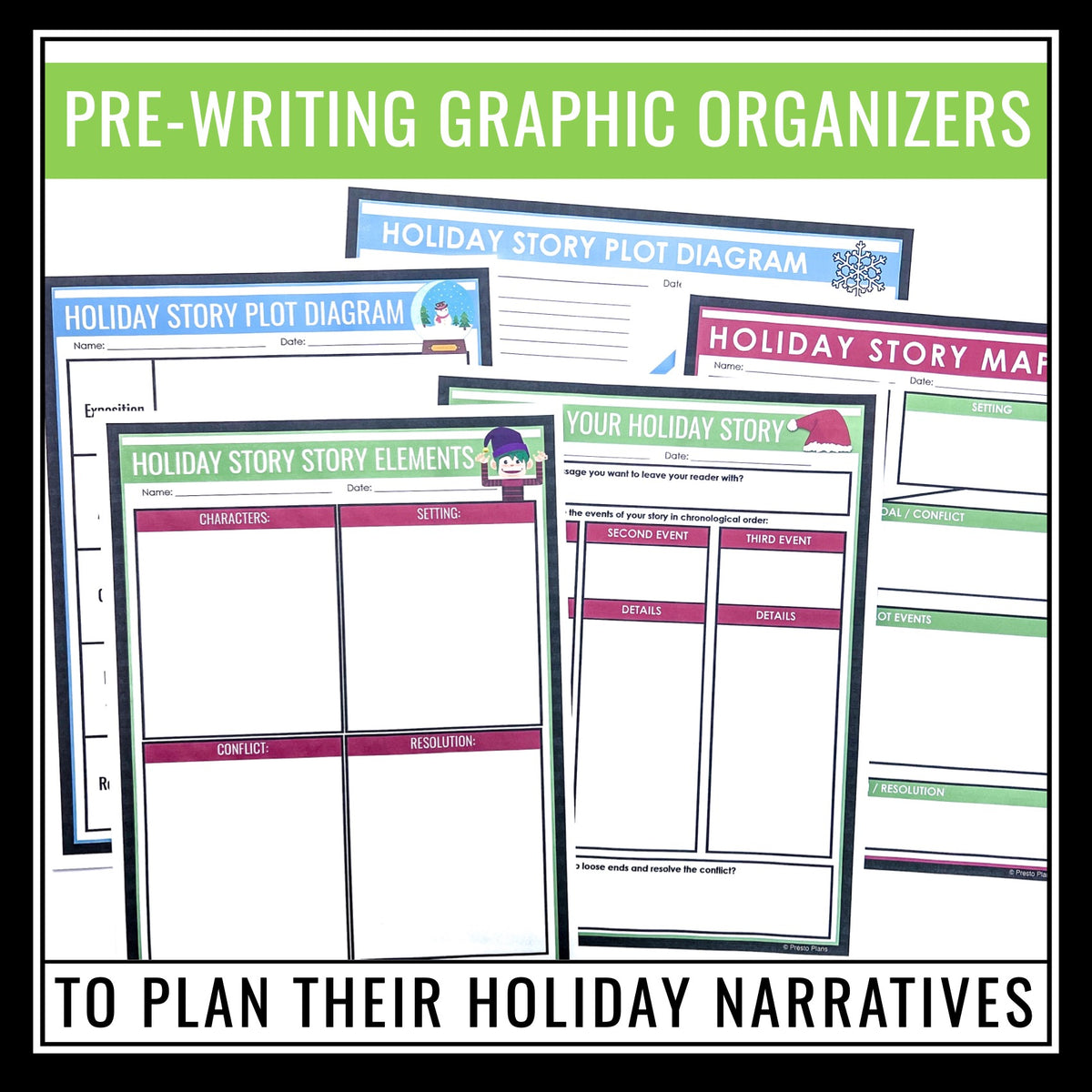 Christmas Writing - Narrative Task Cards, Graphic Organizers, and Temp ...