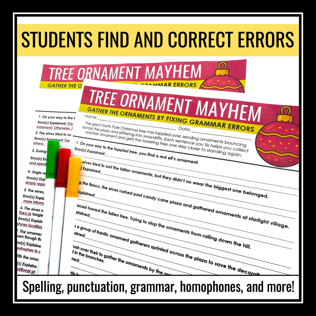 Christmas Grammar Worksheet Assignment Grammar Activity - Tree Ornamen ...