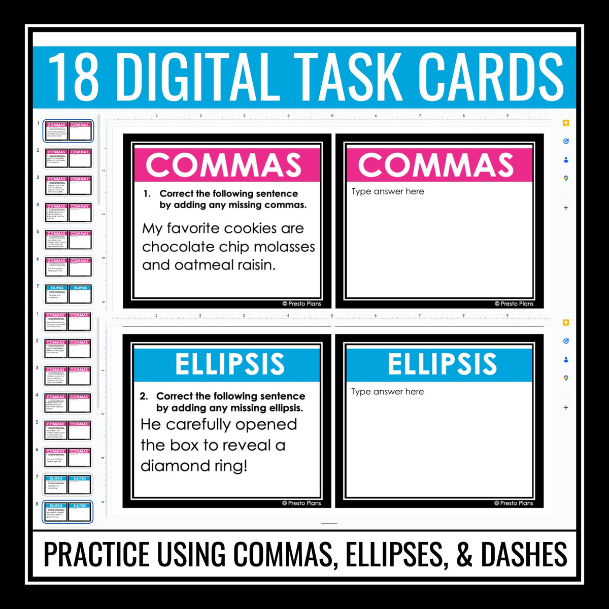 Comma, Ellipsis, & Dash Punctuation - Digital Grammar Lesson & Assignm – Presto Plans