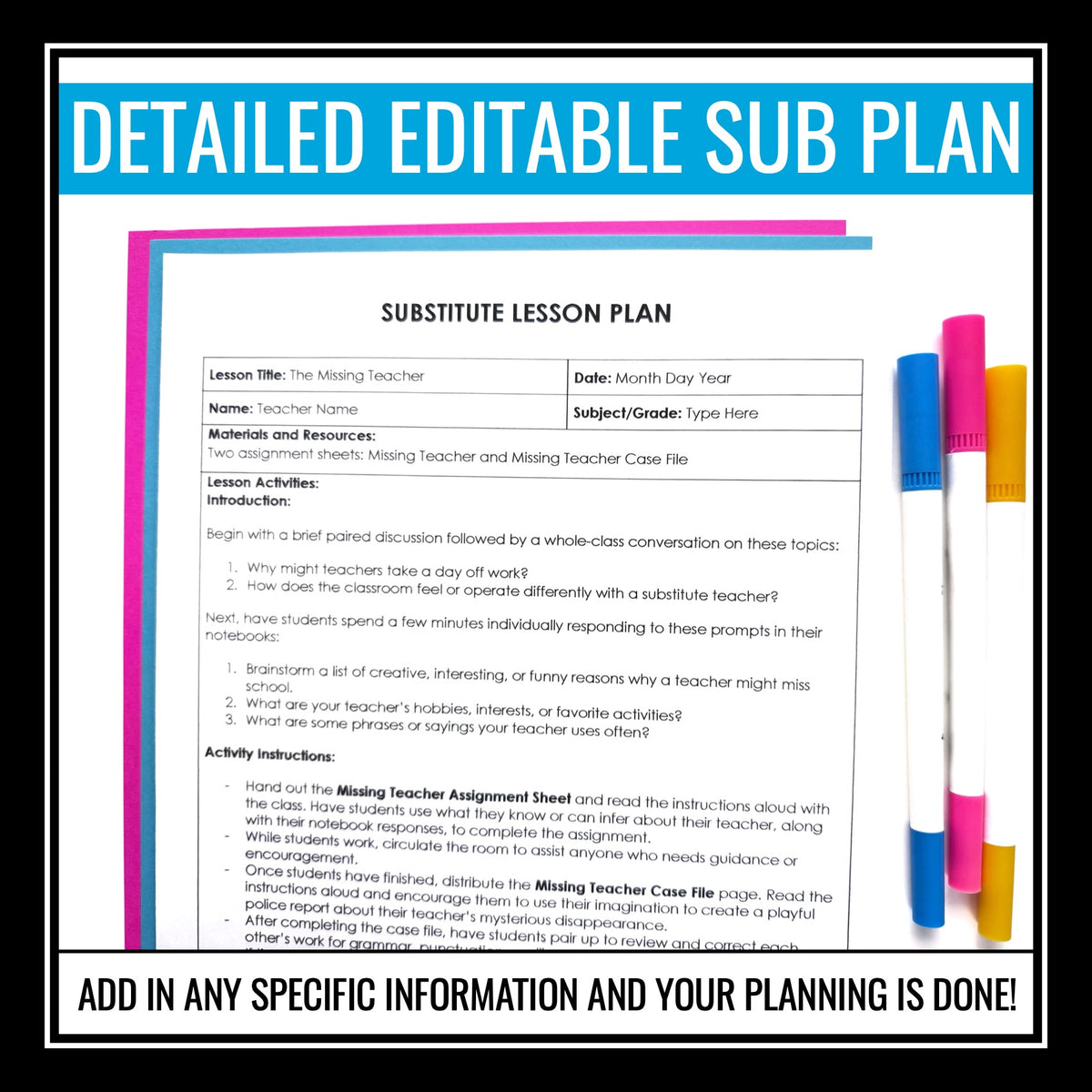 Emergency Sub Plan - Missing Teacher Substitute Teacher Lesson and Act ...