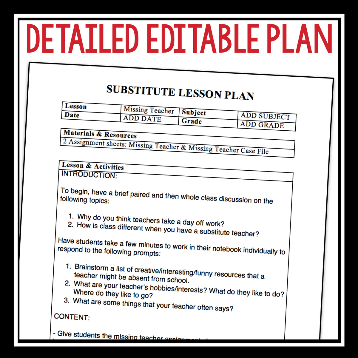Emergency Sub Plan - Missing Teacher Substitute Teacher Lesson and Act ...