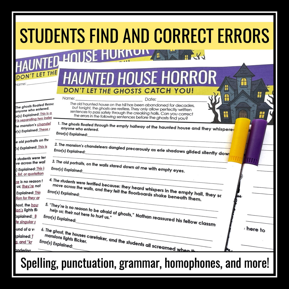 Halloween Grammar Worksheet Assignment - Grammar Activity - Haunted Ho ...