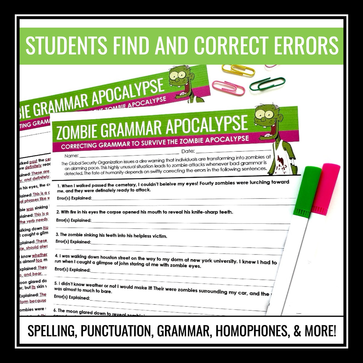 Halloween Grammar Worksheet Assignment - Grammar Editing Activity - Zo ...