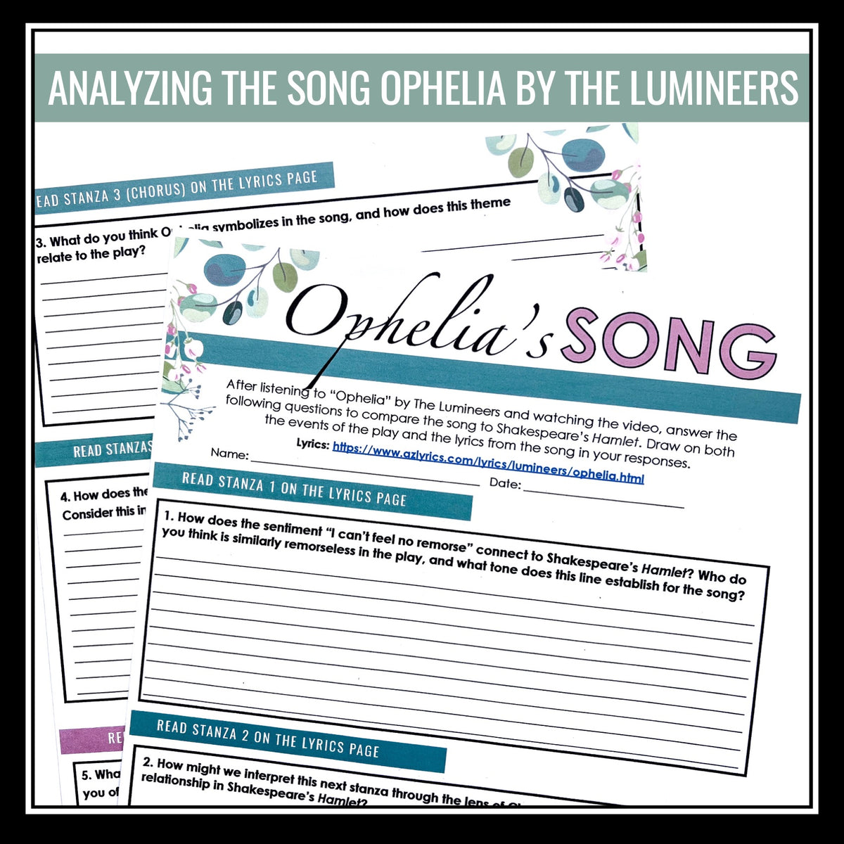 Hamlet Activity - Ophelia Song Analysis and Music Playlist Creative As ...