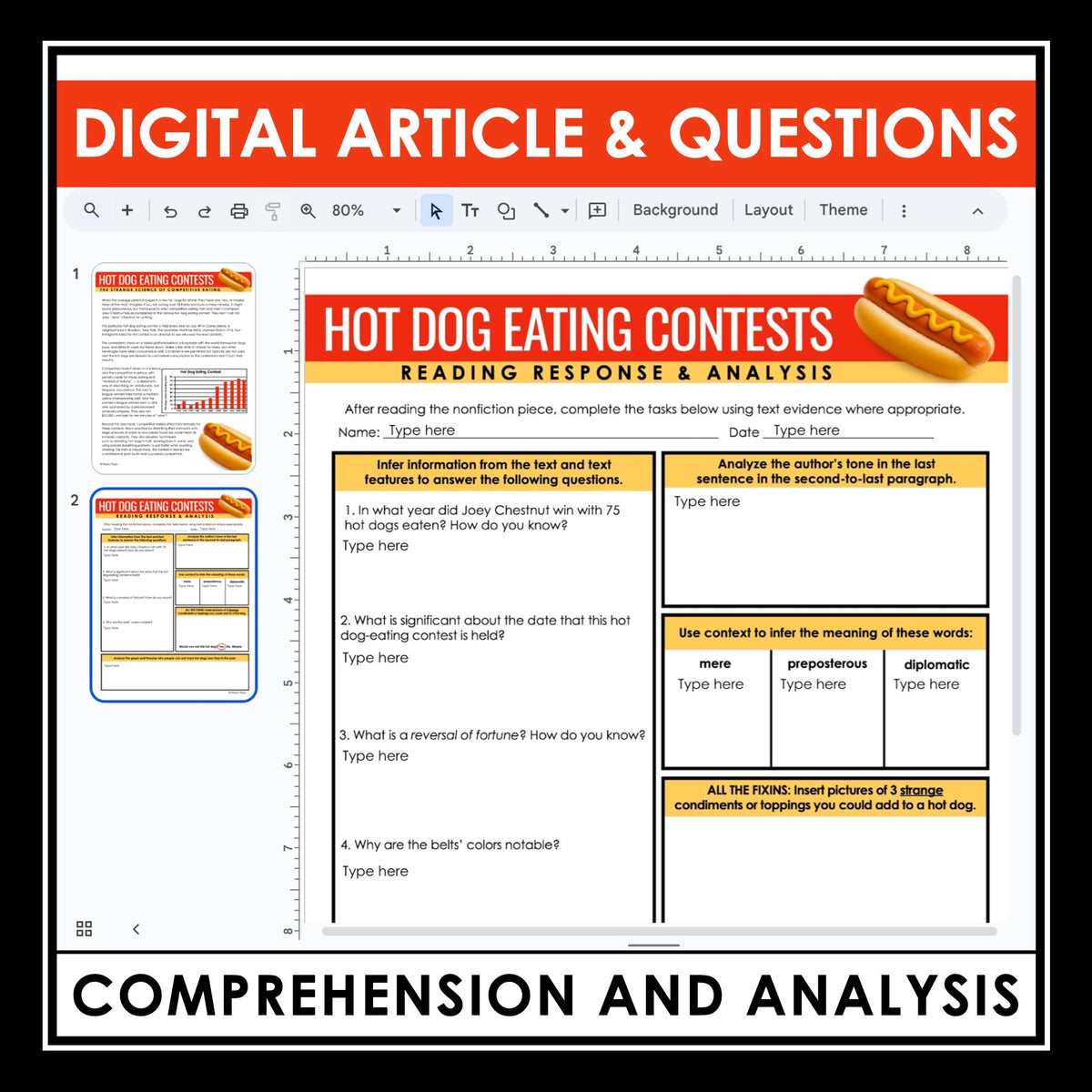 Nonfiction Reading Comprehension Digital Activities - Hot Dog Competit ...