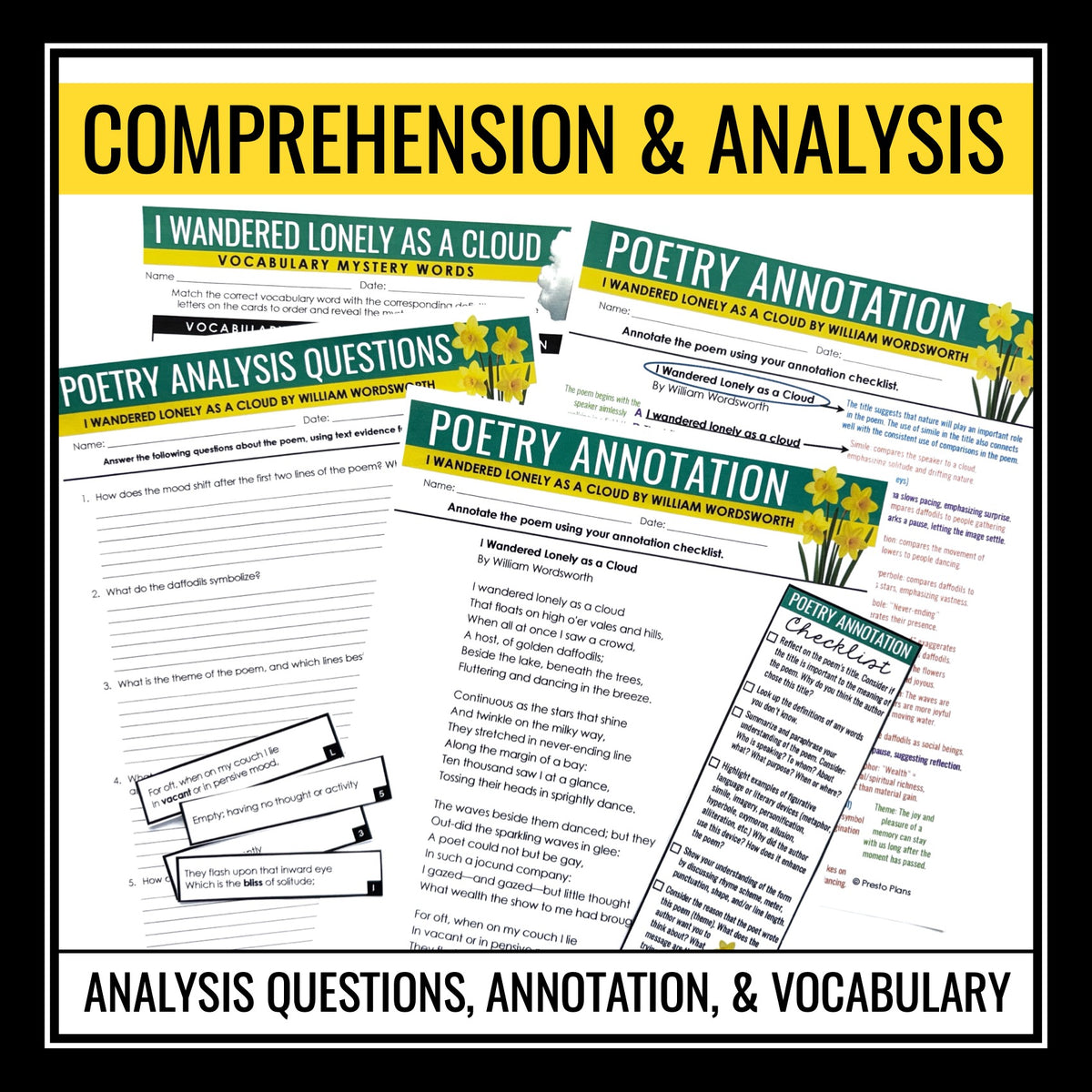 I Wandered Lonely as a Cloud by William Wordsworth Poetry Lesson & Ass ...