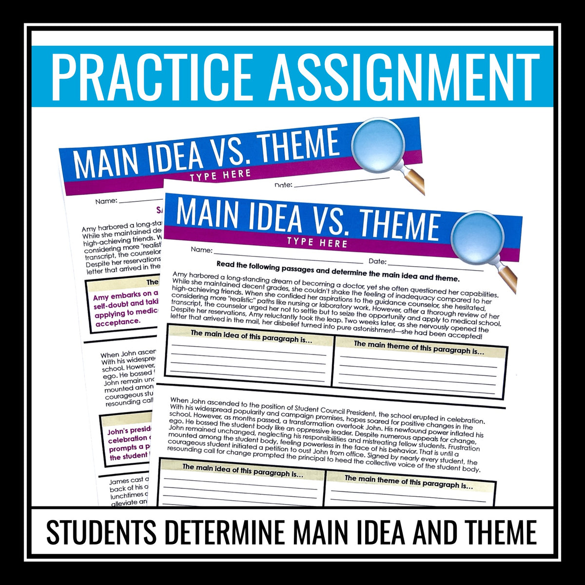 Main Idea vs Theme Lesson - Presentation, Posters, and Worksheet Assig ...