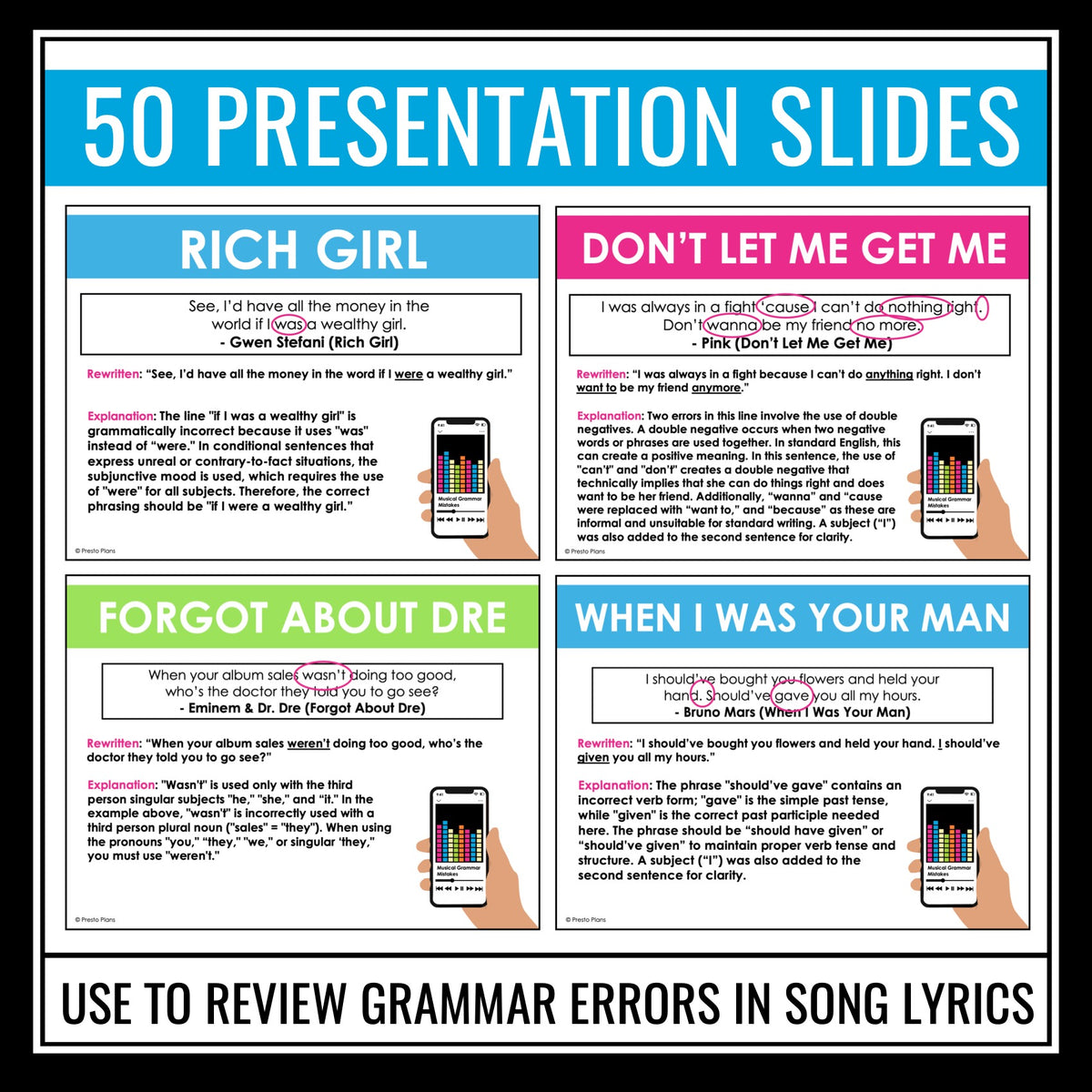 Grammar Activity - Editing Grammar Errors in Song Music Lyrics Task Ca ...