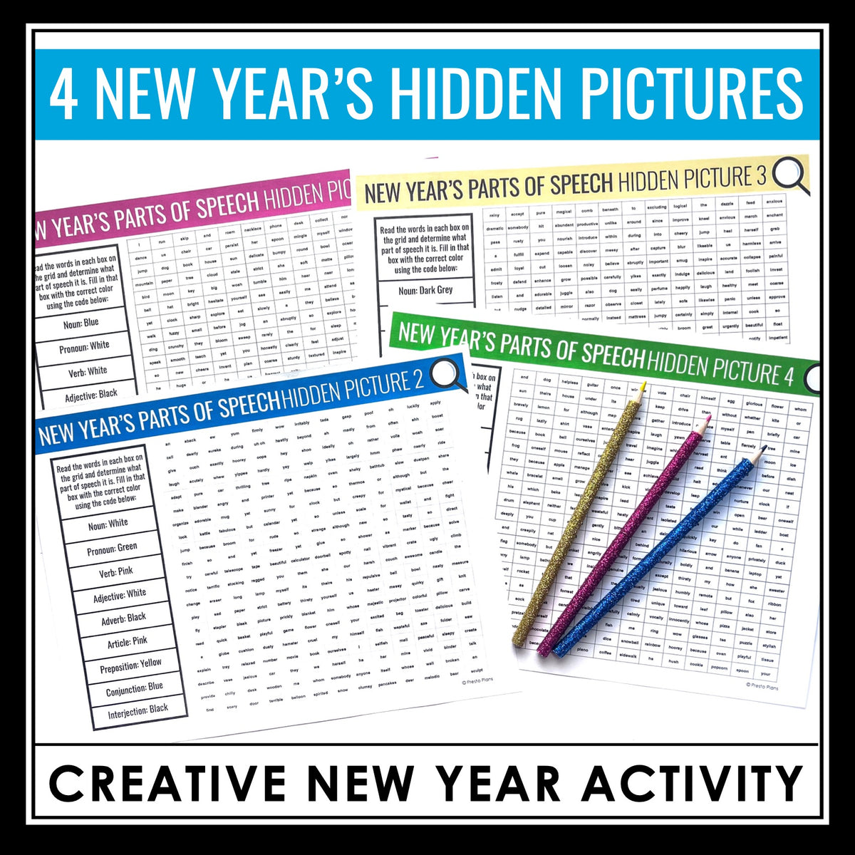 New Year's Parts of Speech Activity - Coloring Hidden Holiday Mystery ...