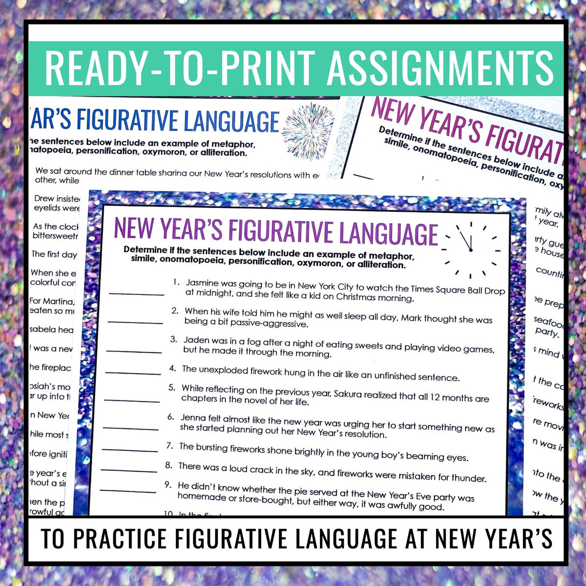 New Year's Figurative Language Assignments - Literary Devices Holiday ...