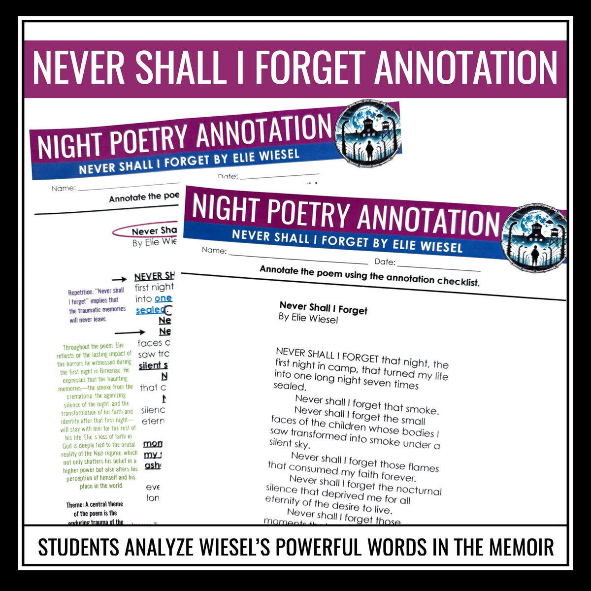 Night by Elie Wiesel Poetry Analysis Assignment - Never Shall I Forget ...