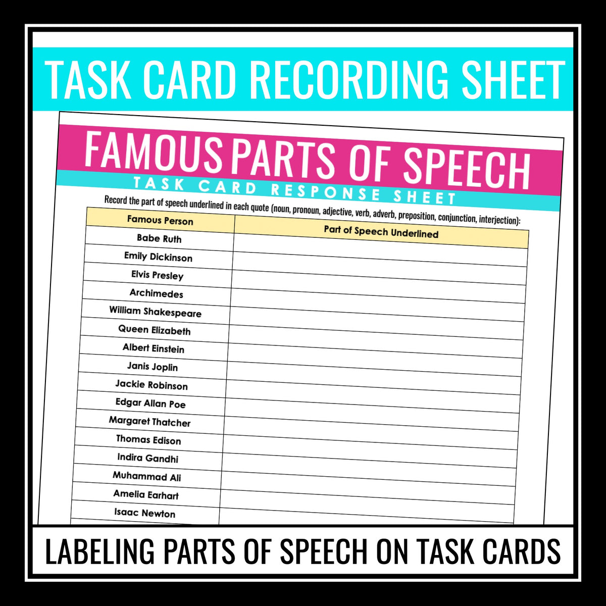 Parts of Speech Practice Activity - Famous Quotes Task Cards Grammar A ...