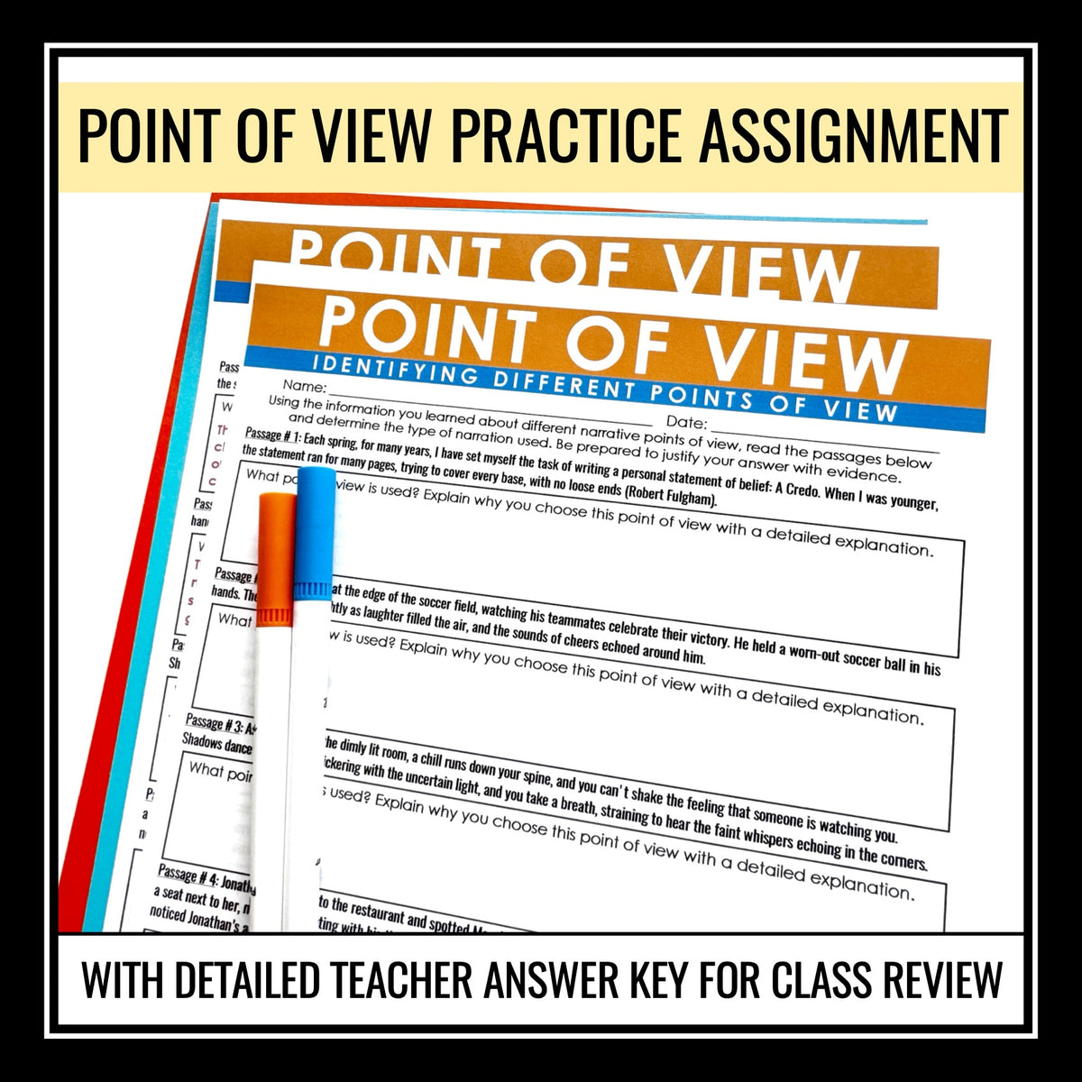 Point of View Lesson - Presentation, Handout, and Story Elements Assig ...
