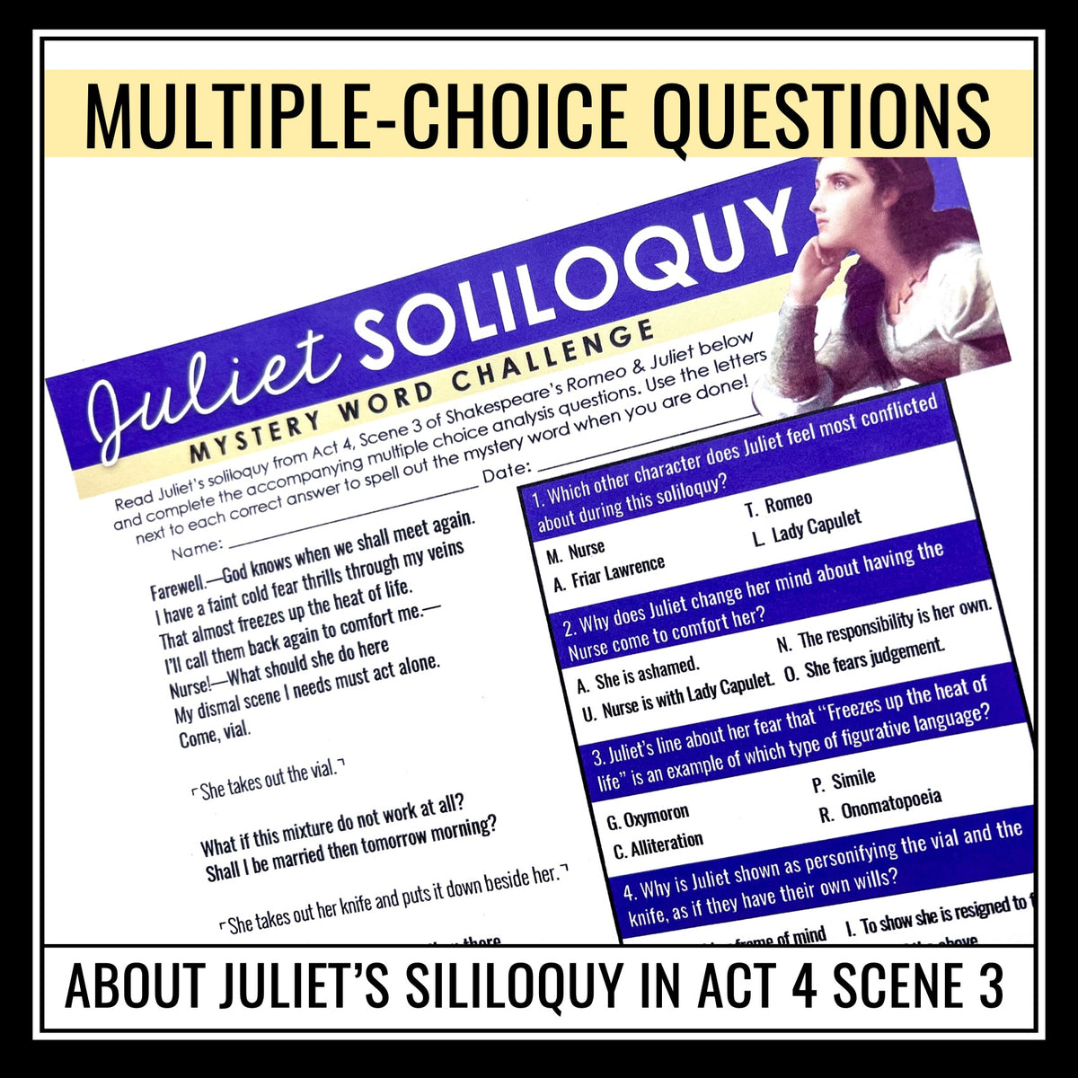 Romeo and Juliet Activity - Juliet's Soliloquy Analysis Mystery Word C ...