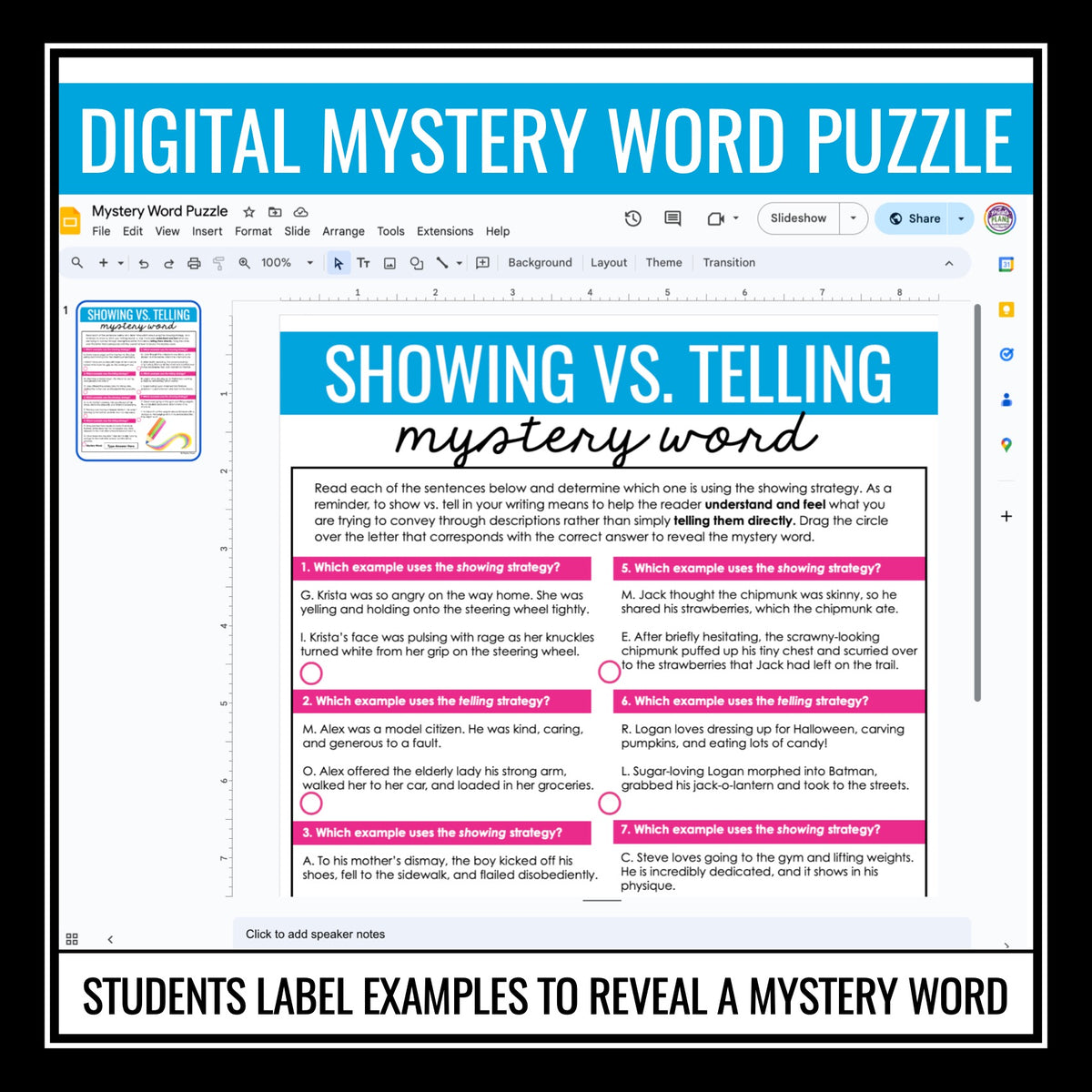 Showing vs. Telling Writing Descriptive Strategy Digital Slides and Ac ...