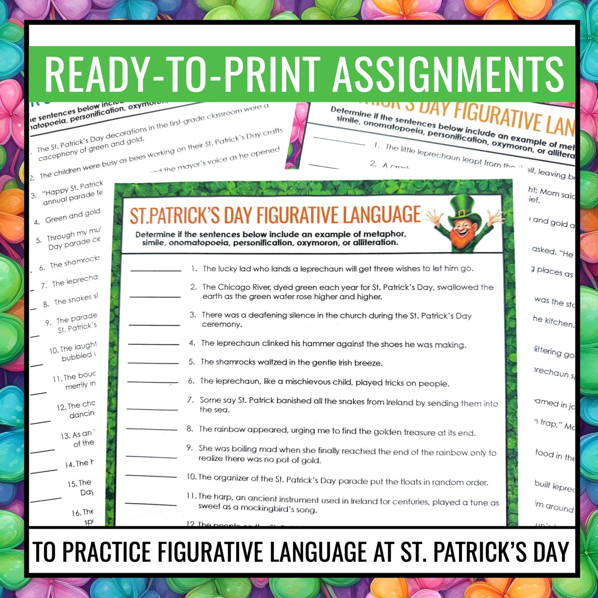 St. Patrick's Day Figurative Language Assignments - Literary Devices A ...