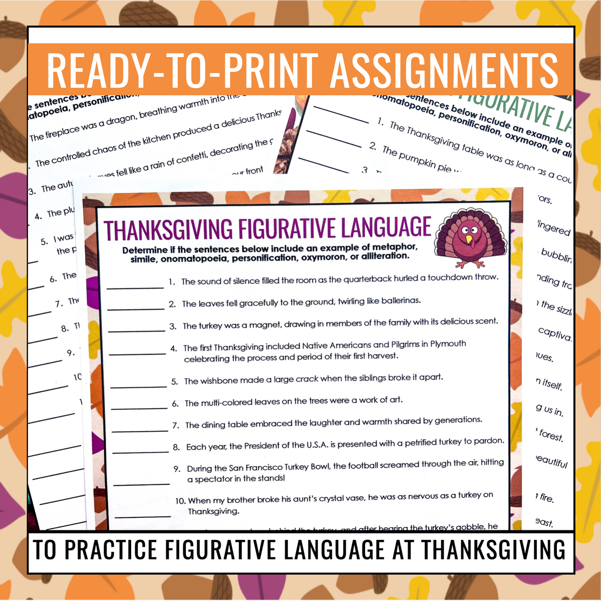 Thanksgiving Figurative Language Assignments - Literary Devices Activi ...