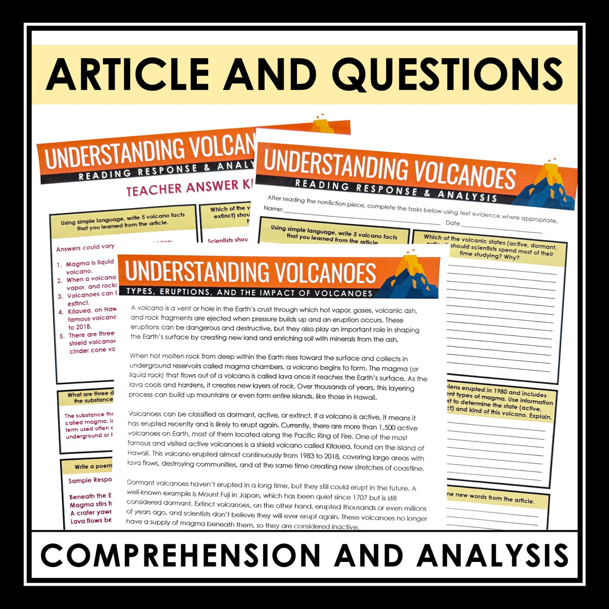 Nonfiction Reading Comprehension Article and Activities - Volcanoes ...