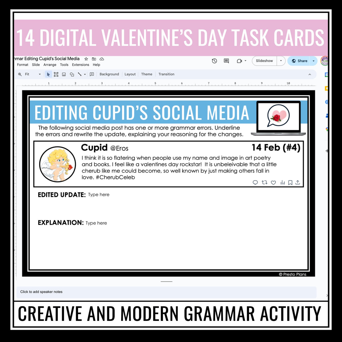 Valentine's Day Digital Grammar Activity Editing Errors in Cupid's Soc ...