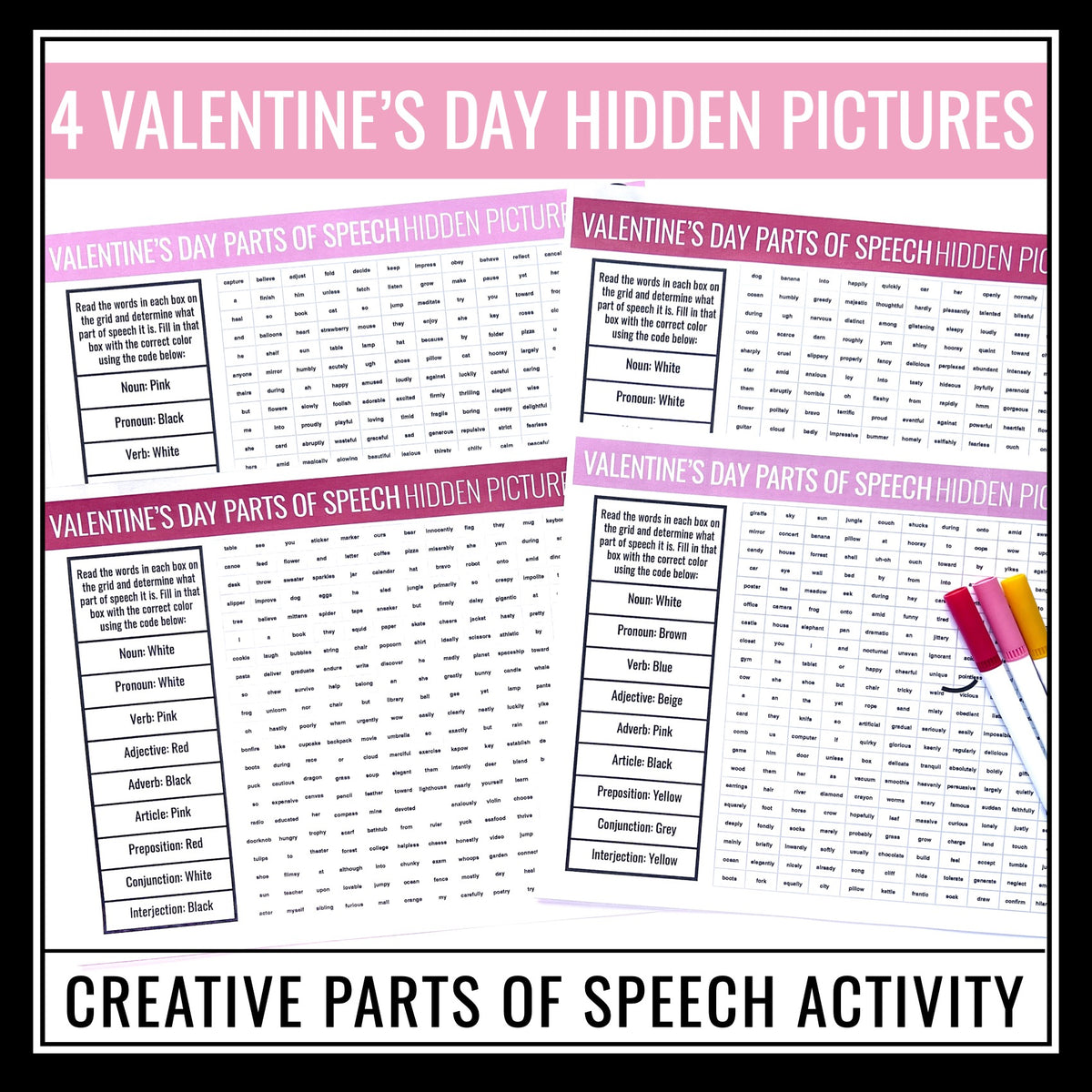 Valentine's Day Parts of Speech Activity - Coloring Hidden Mystery Pic ...