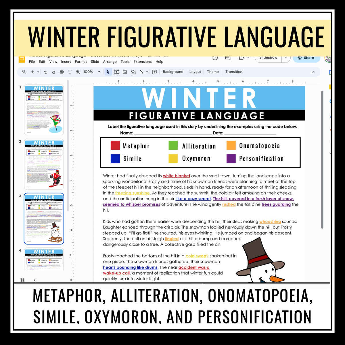 Winter Figurative Language Digital Assignments - Literary Devices Acti ...