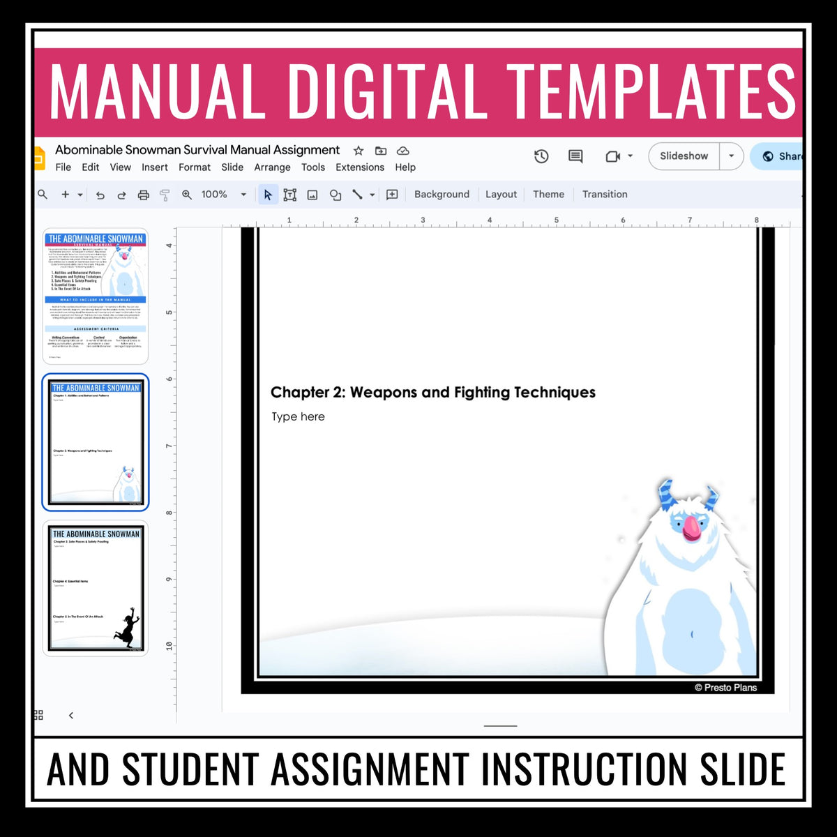 Christmas Writing Assignment - Abominable Snowman Manual Winter Digita ...