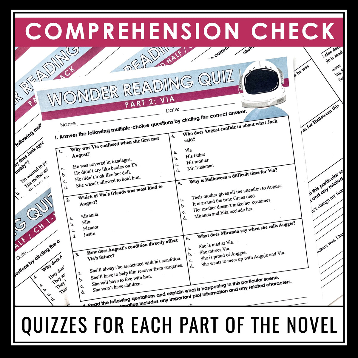Wonder Quizzes - Multiple Choice and Quote Chapter Reading Quizzes - A ...