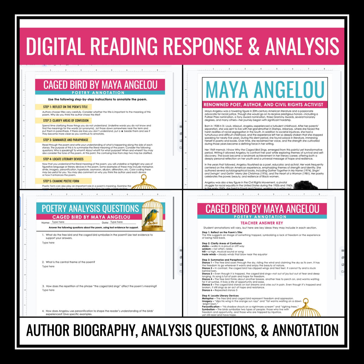 Caged Bird by Maya Angelou - Digital Poetry Lesson, Assignments, and A ...