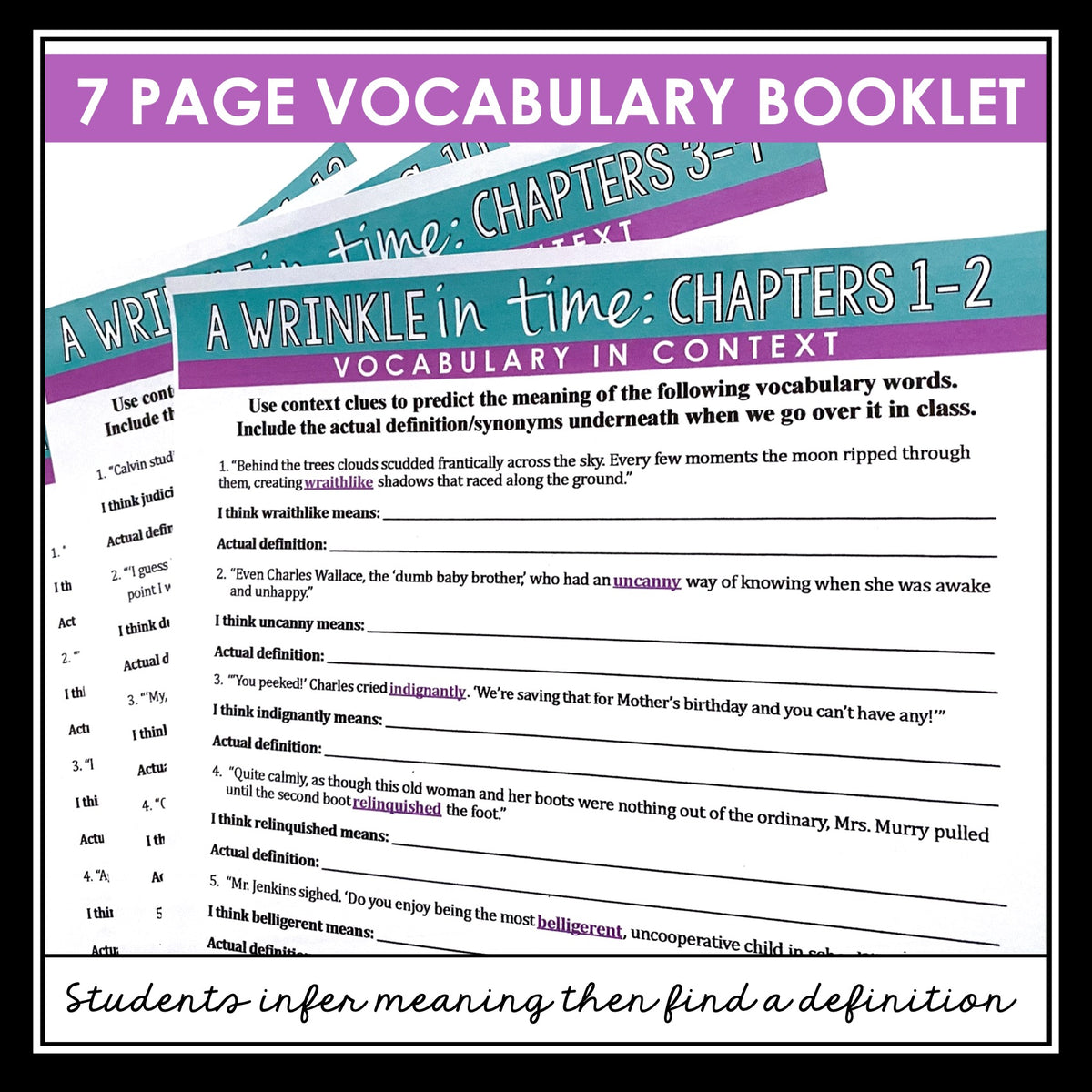 A Wrinkle in Time Vocabulary Booklet, Presentation, and Answer Key Def ...