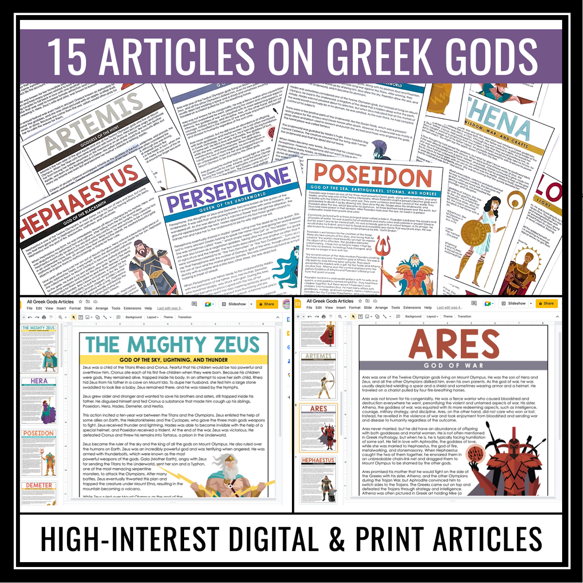 Greek Mythology Unit - Greek Gods Reading Activities - Digital Print B ...