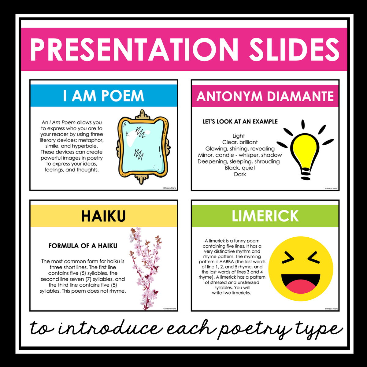 Poetry Writing Unit Booklet - Haiku, Acrostic, Limerick, Concrete, & M ...