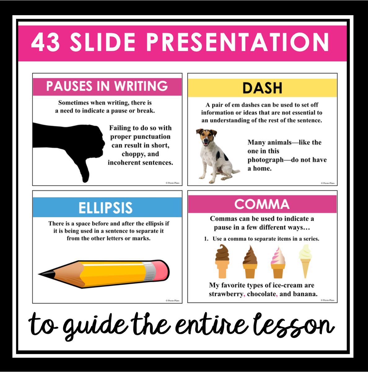 Comma, Ellipsis, & Dash Punctuation Lesson - Grammar Presentation & As ...