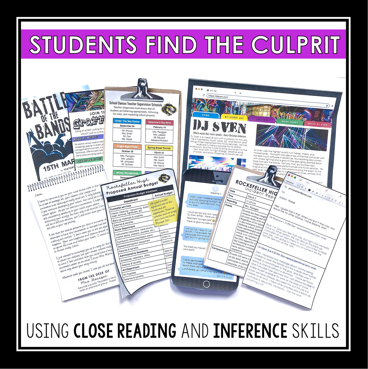 Close Reading Mystery Inference Text Evidence Activity - Graffitied Sc ...