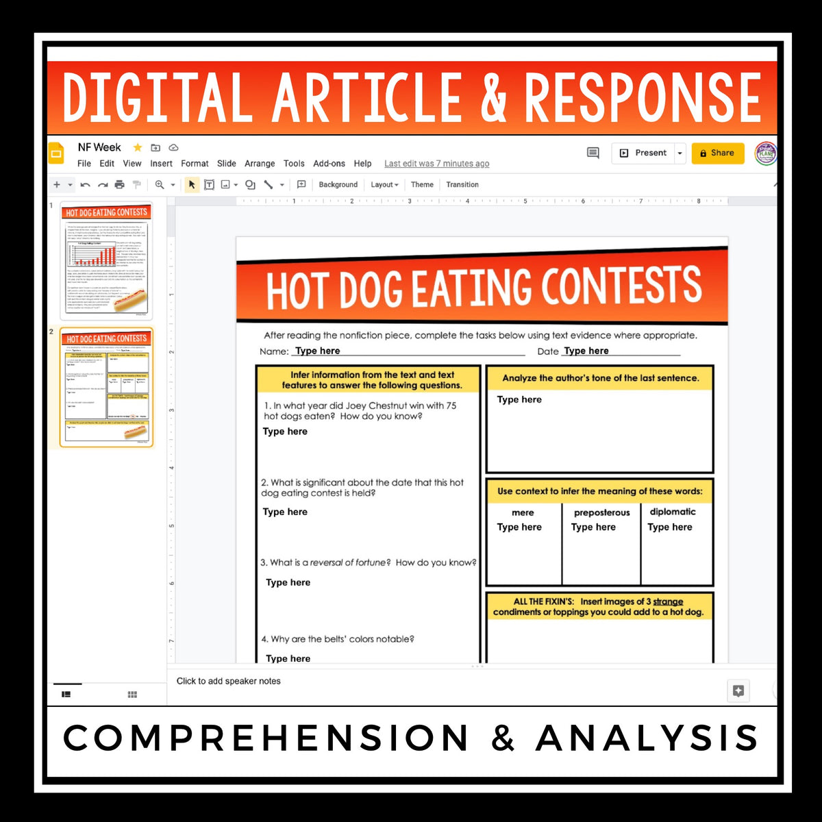 DIGITAL NONFICTION ARTICLE & ACTIVITIES INFORMATIONAL TEXT: HOT DOG CO ...