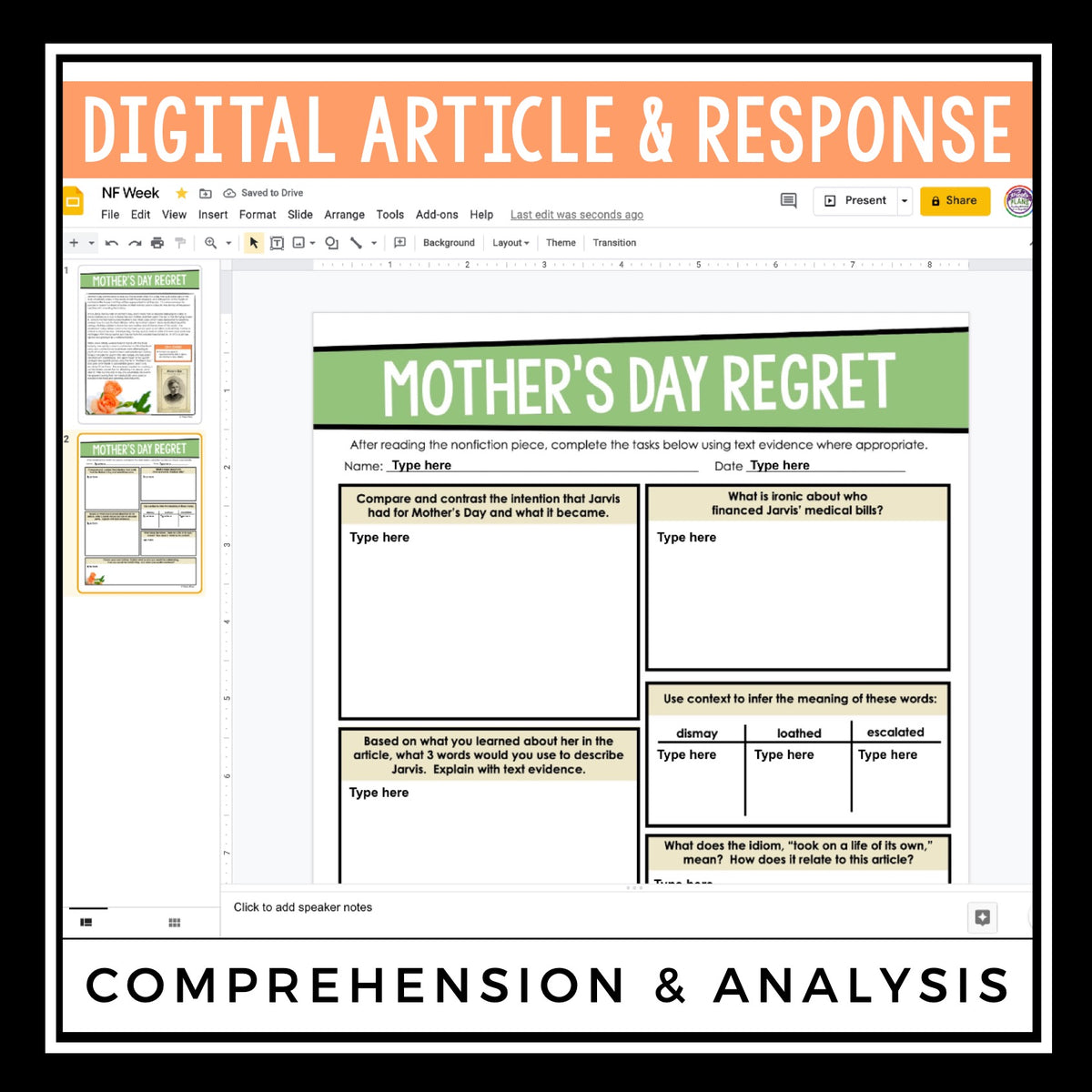 Mother's Day Nonfiction Reading Comprehension Digital Article & Activi ...
