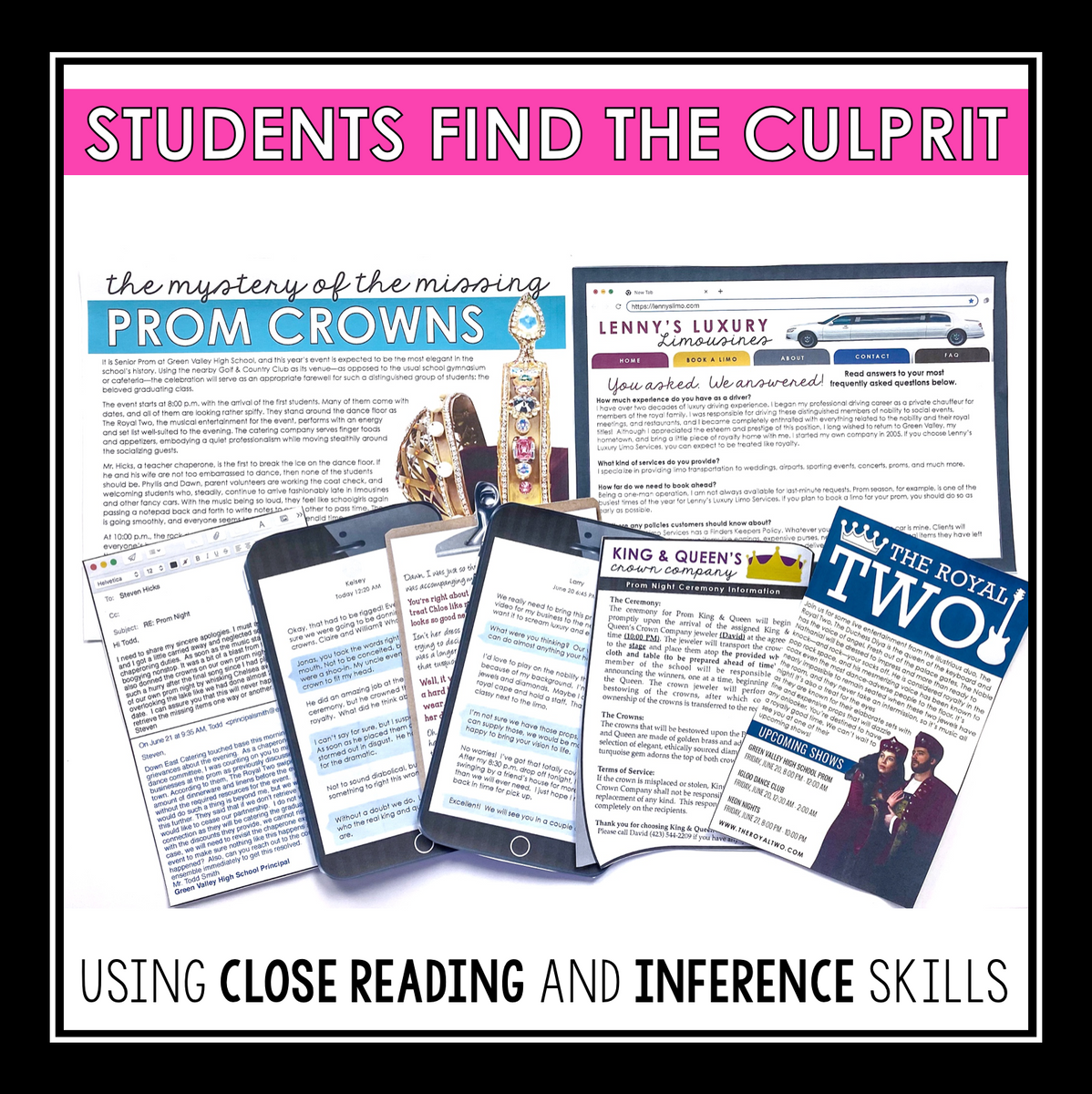 End of the Year Close Reading Mystery Inference Activity - Prom Crown ...