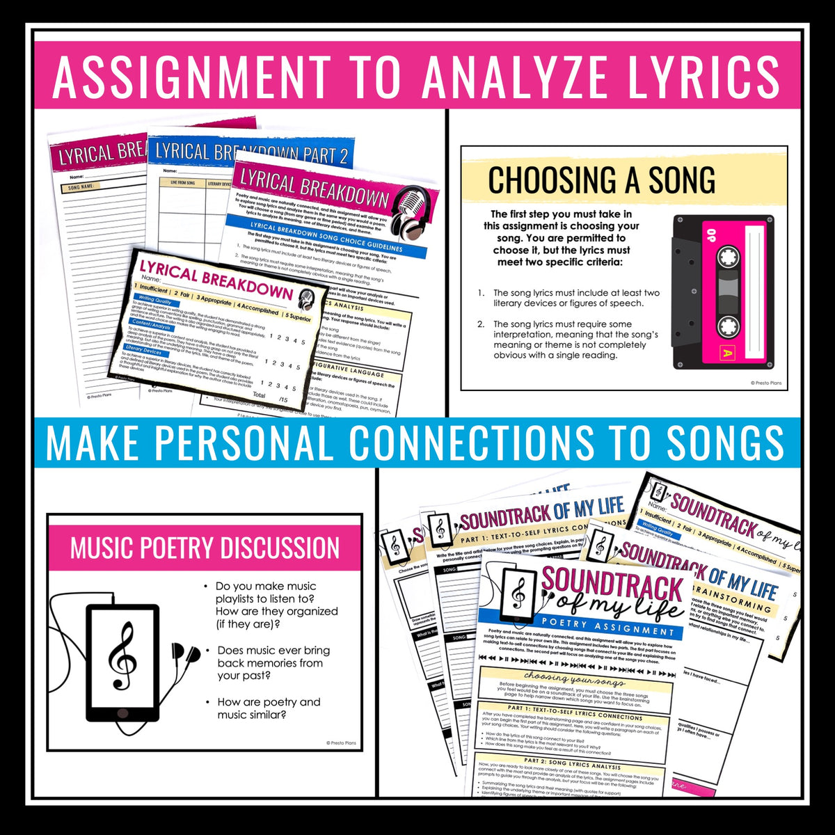 Poetry Music Activities - Song Lyrics Assignments and Presentations Bu ...